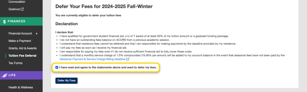 Defer Fees | ACORN Help